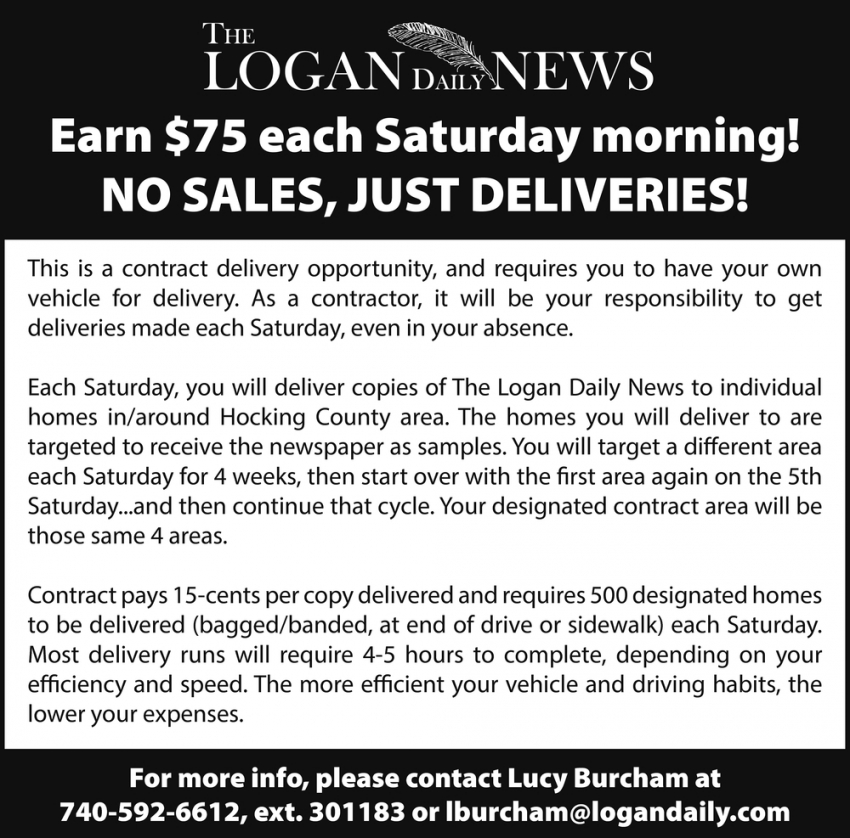 Earn $75 Each Saturday Morning! No Sales, Just Deliveries!, Logan Daily ...